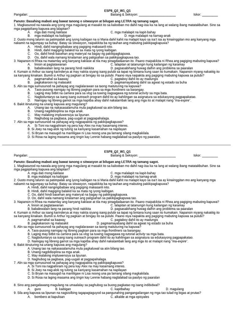ESP8 - Q2 - W1 - Q1 - Quiz 1 - Kapuwa, Sino Sila - Ang Impluwensiya NG Pakikipagkapwa | PDF