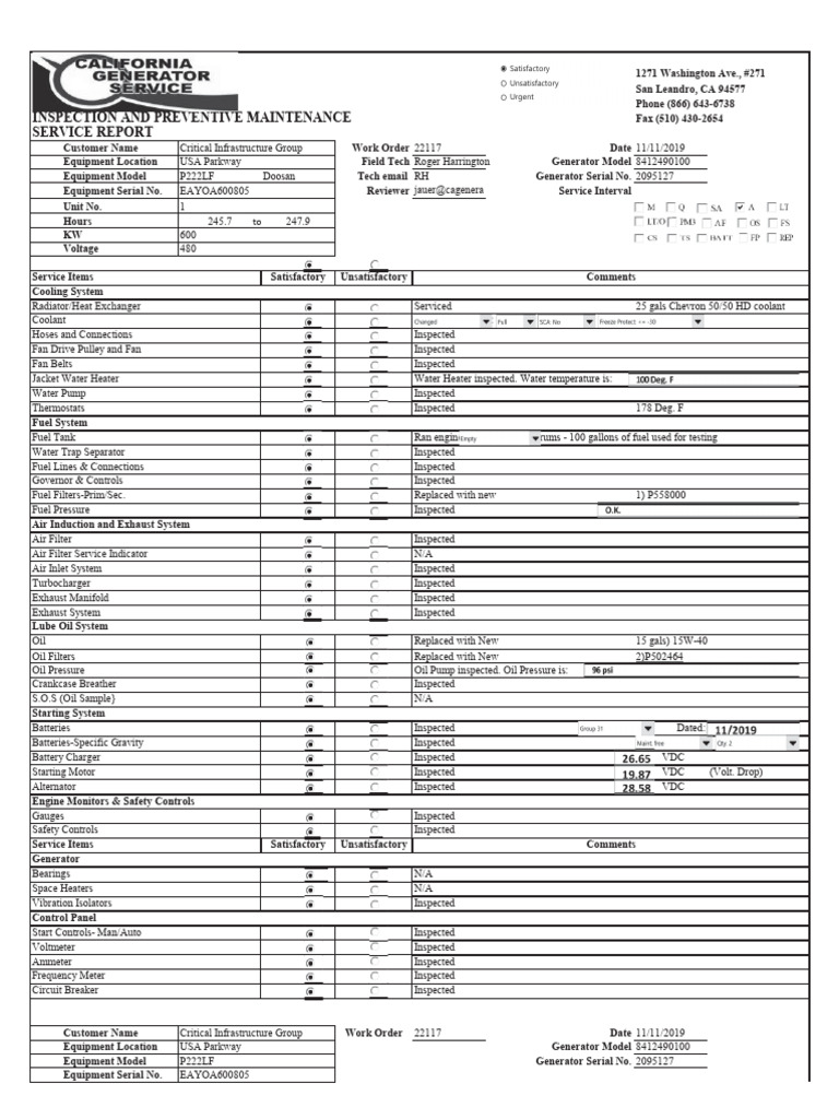 Generac-MD600-Doosan-P222LE-engine-SN-EAYOA600805-inspection-and ...