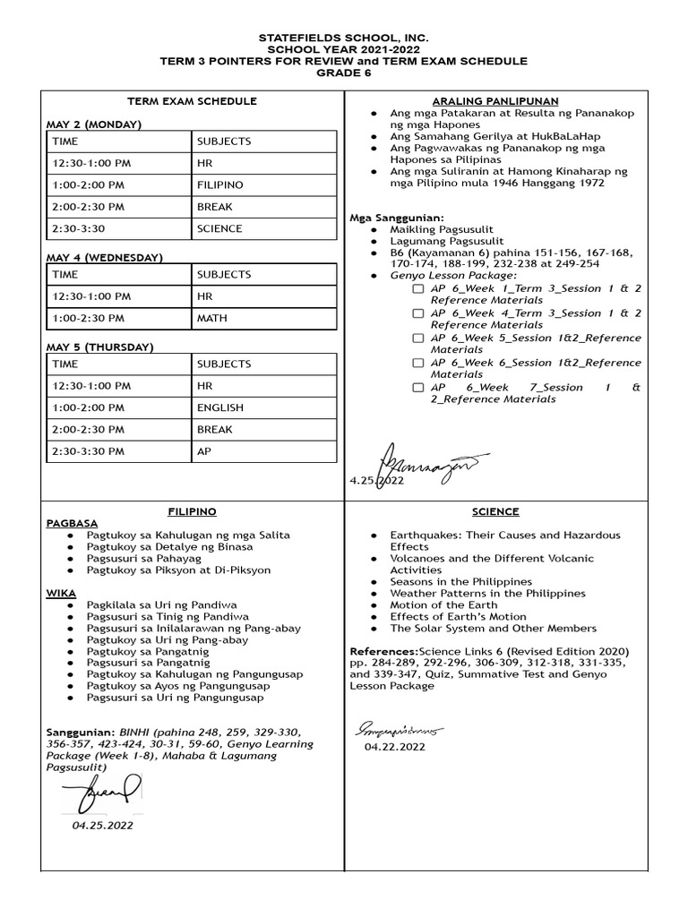 GRADE_6_POINTER___SCHEDULE_TERM_EXAM_3 (2) | PDF | Verb | Grammatical Tense