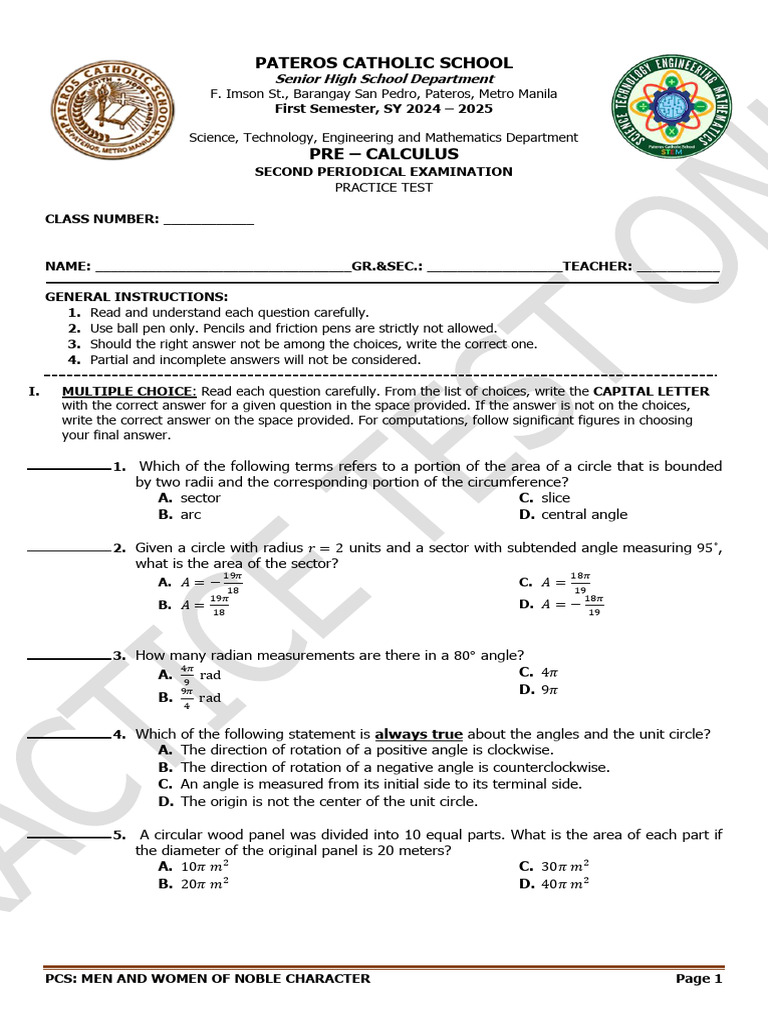 Pre-Calculus Periodical Exam Practice | PDF | Angle | Circle