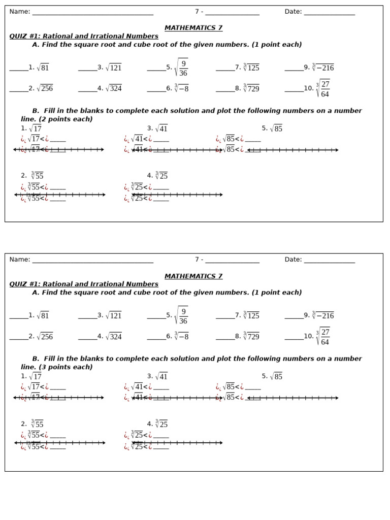 Quiz #1-Rational and Irrational Numbers | PDF | Elementary Mathematics ...