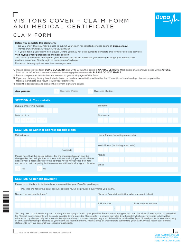 11506-04-14E-visitors-claim-form-and-medical-certificate | PDF | Hospital | Insurance