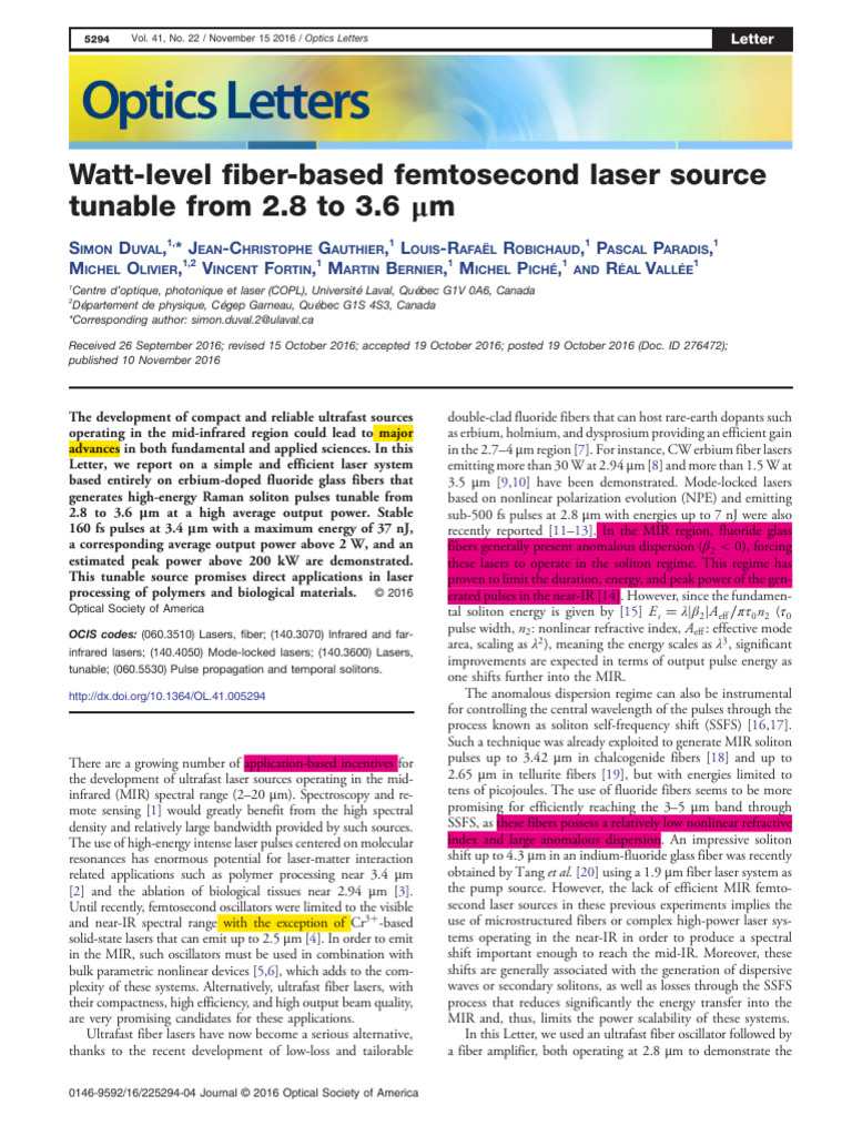 2016.11 Watt-level fiber-based femtosecond laser source tunable from 2. ...