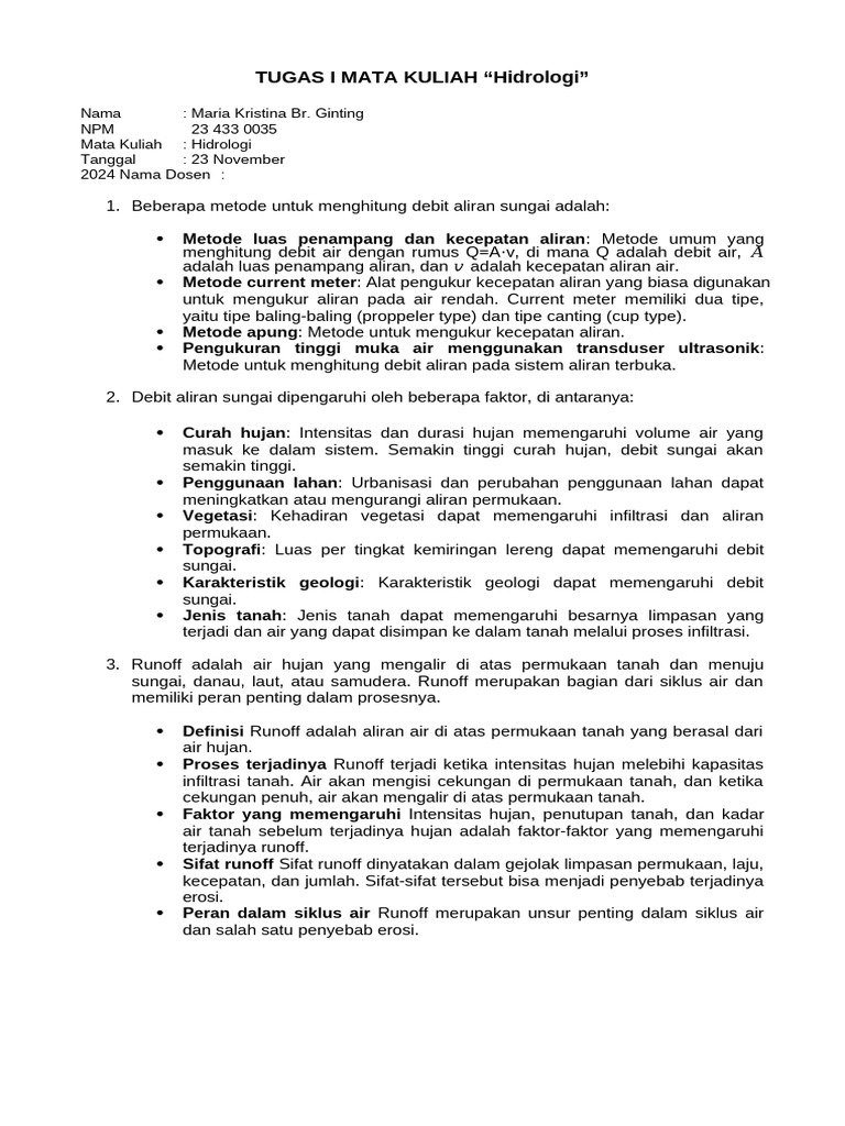Tugas Hidrologi: Debit dan Runoff | PDF