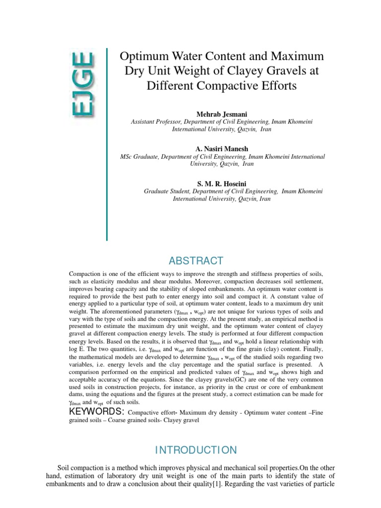 Optimum Water Content and Maximum Dry Unit Weight of Claey Gravels at ...