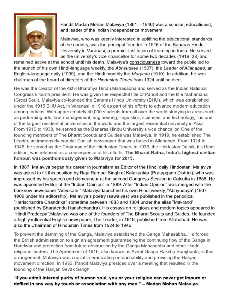 Pandit Madan Mohan Malaviya: A Biography | PDF