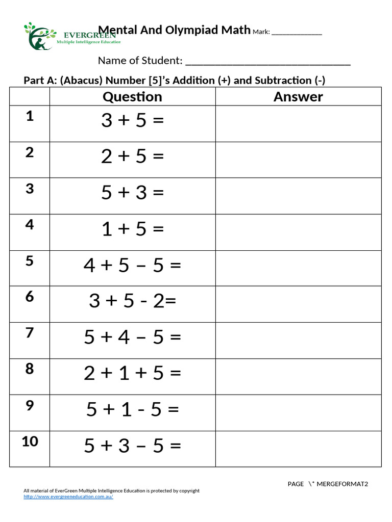 (WS 1) Number (5) 'S Addition (+) and Subtraction (-) | PDF