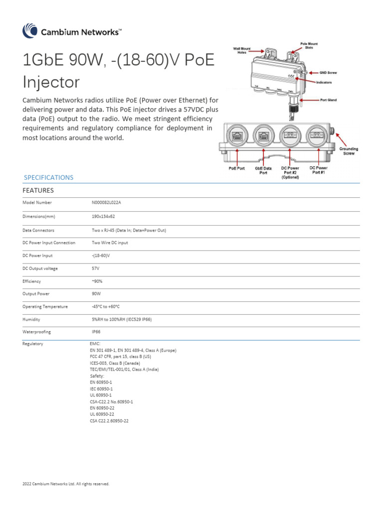 Cambium 90W PoE Injector Specifications | PDF