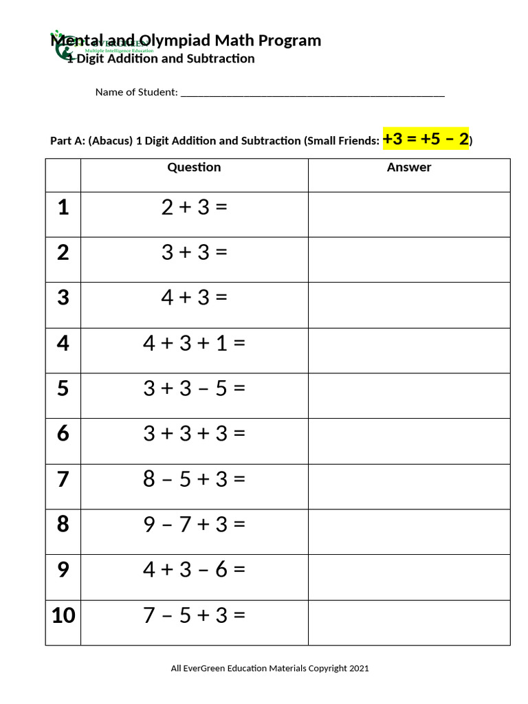 1 Digit Small Friends of 3 | PDF