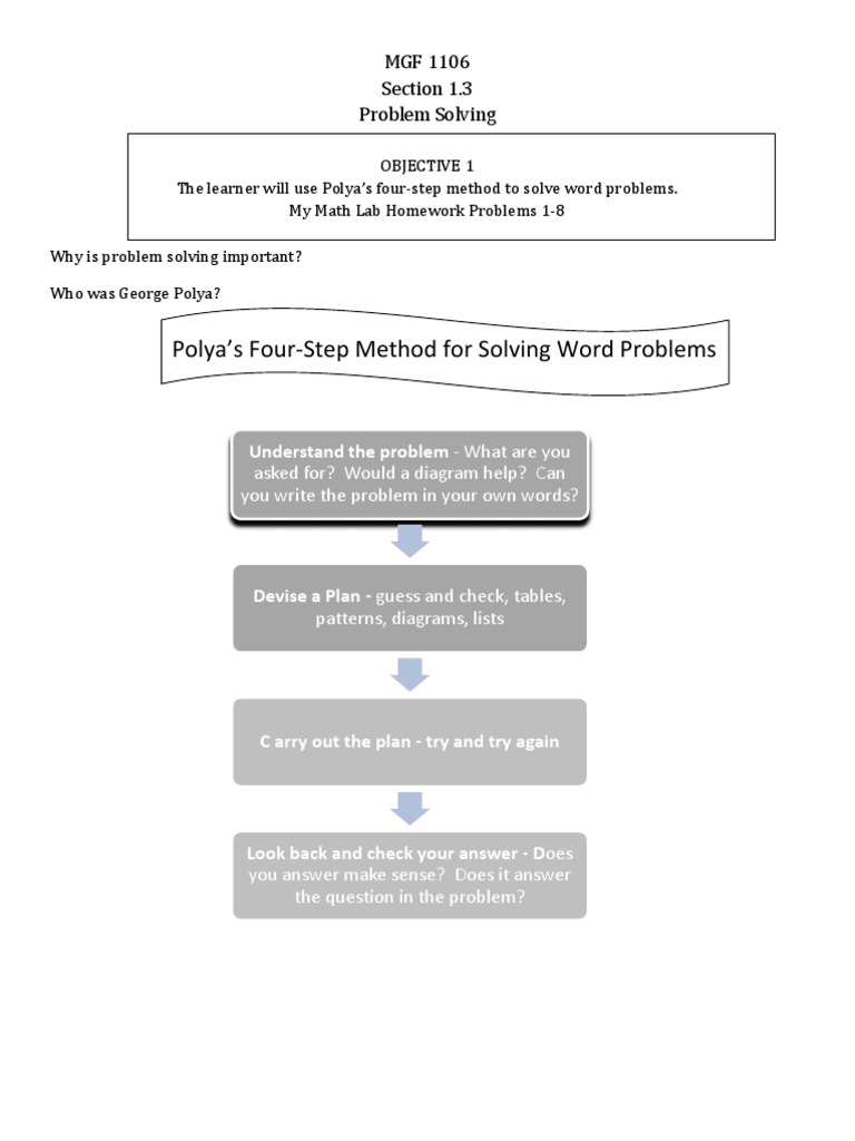 Polya's Four-Step Method For Solving Word Problems: MGF 1106 Section 1. ...