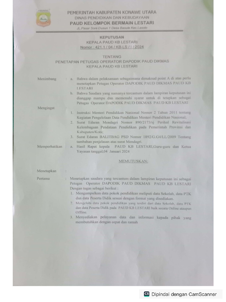 SK OP PAUD LESTARI | PDF