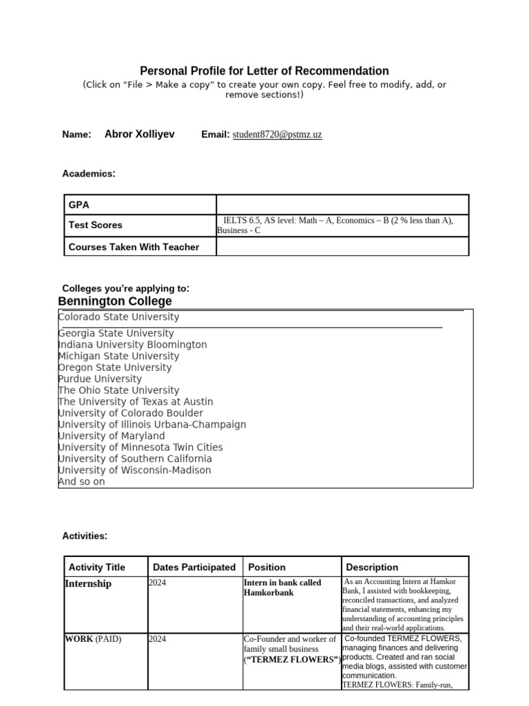 Abror Xolliyev Brag Sheet | PDF