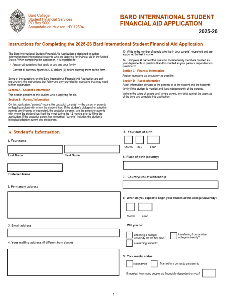 2025-2026 International Financial Aid Application | PDF | Expense | Parent
