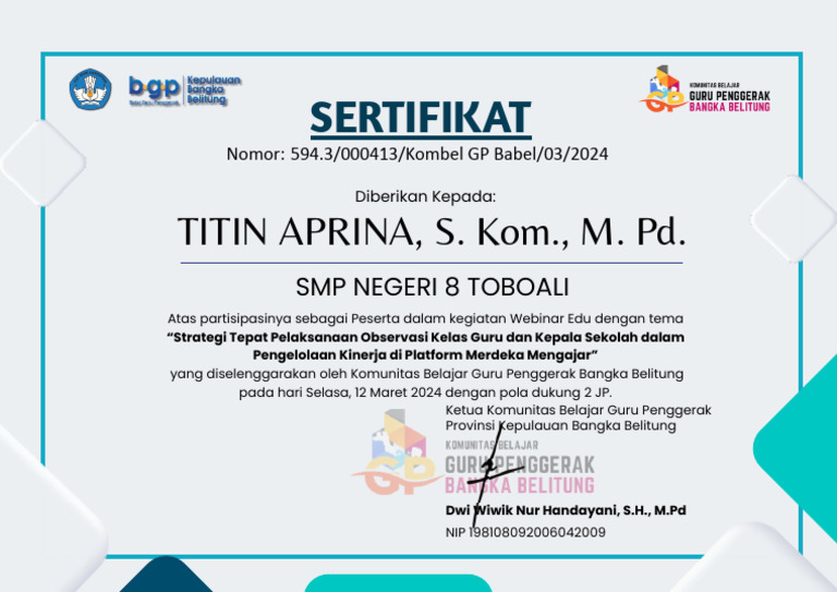 E-Sertifikat Webinar 2 Kombel GP Babel TITIN APRINA, S. Kom., M. Pd. | PDF