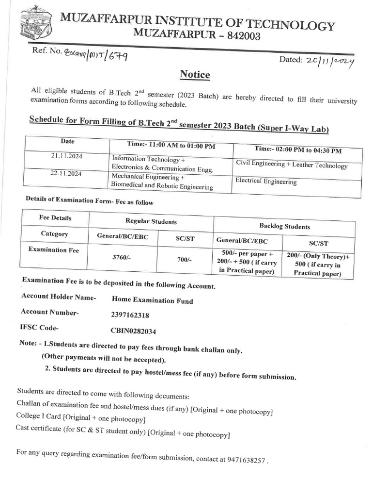 Notice For Form Filling of B.Tech 2nd Sem Examination 2024 (2023 Batch) | PDF