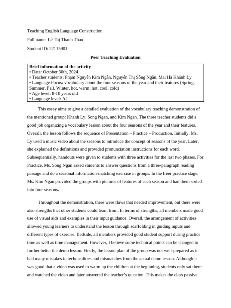 HSU Teaching Construction Peer Evaluation | PDF | Teachers | Lesson Plan