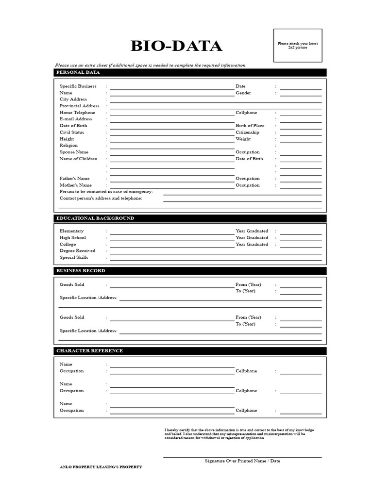 Comprehensive Bio-Data Form Template | PDF