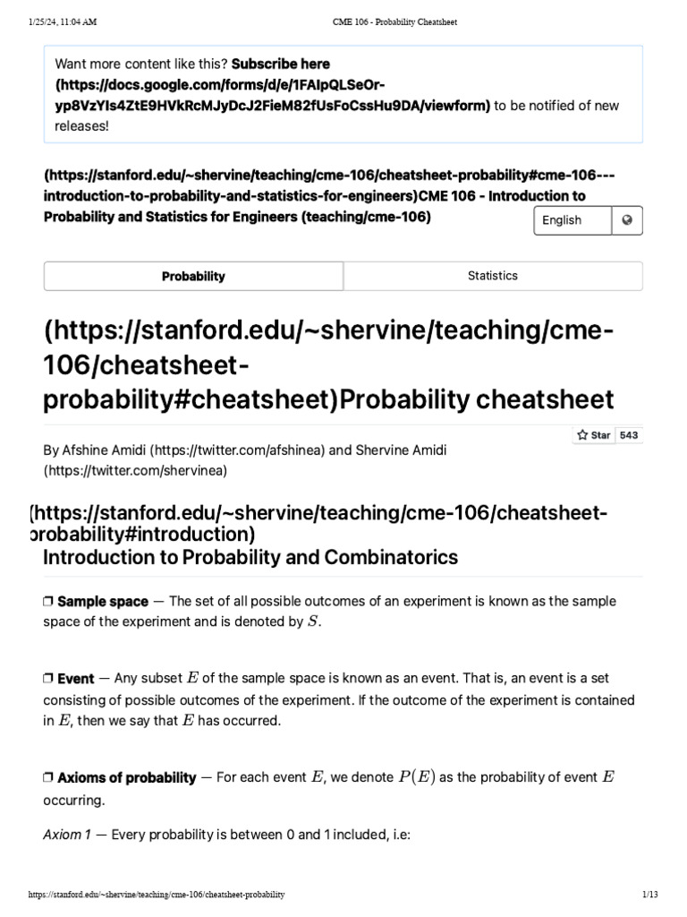 CME 106 - Probability Cheatsheet | PDF | Probability Distribution ...
