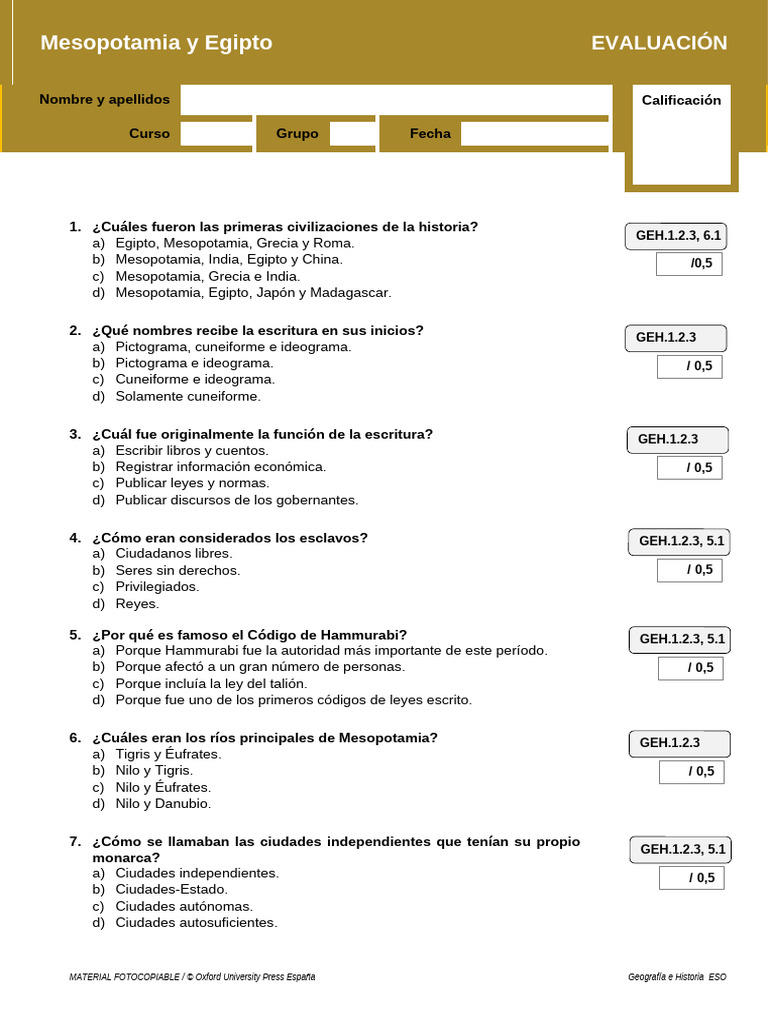 Meso Egip Eval Sol Test Evaluacion | PDF | Antiguo Egipto | Asiria