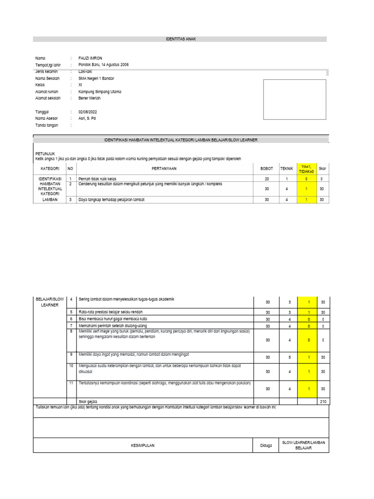 Laporan Asesmen Slow Learner | PDF