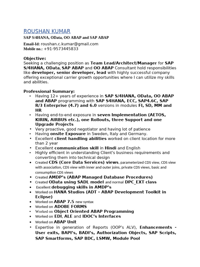 SAP ABAP ABAP On HANA OData Resume | PDF | Computing | Computer Programming