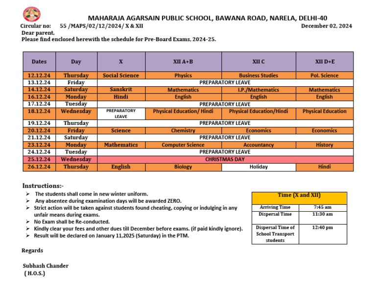 Pre-Board Exam Schedule 2024-25 | PDF