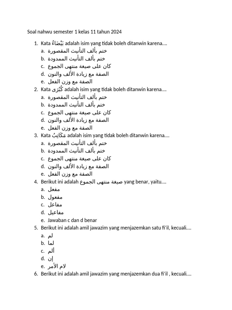 Soal Nahwu Semester 1 Kelas 11 Tahun 2024 | PDF
