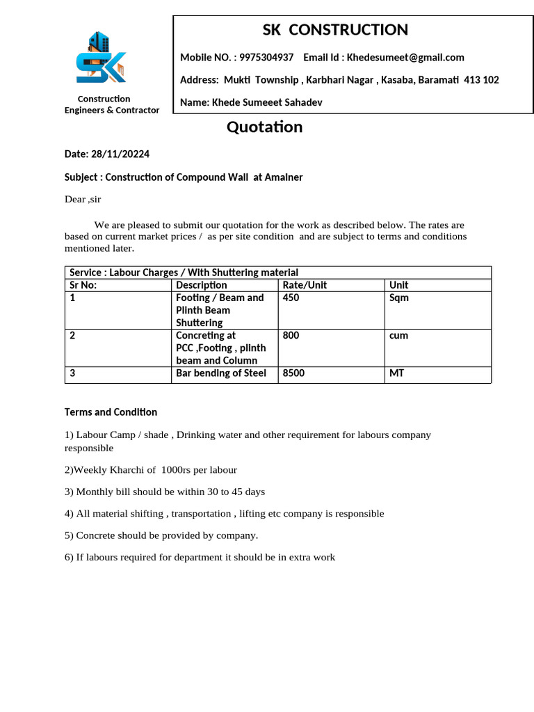 Construction Quotation for Compound Wall | PDF