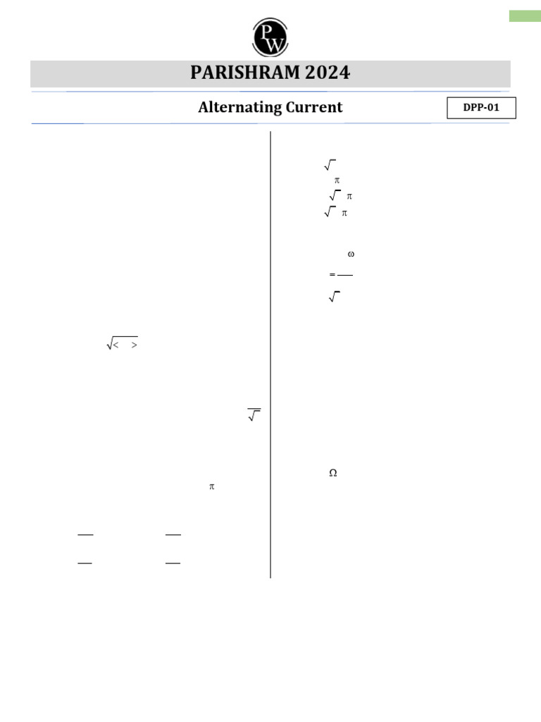 Alternating Current - DPP 01 - Parishram 2024 | PDF | Alternating ...