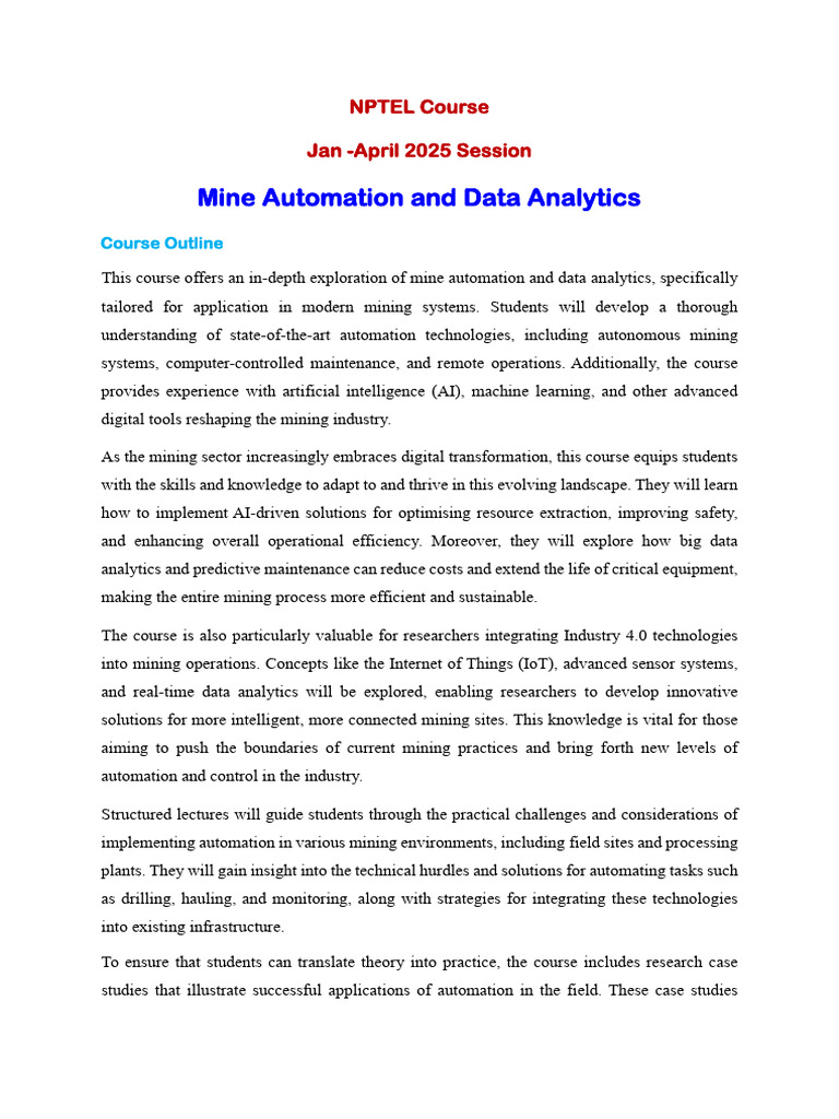 Mine Automation and Data Analytics - v1 | PDF | Automation | Artificial Intelligence