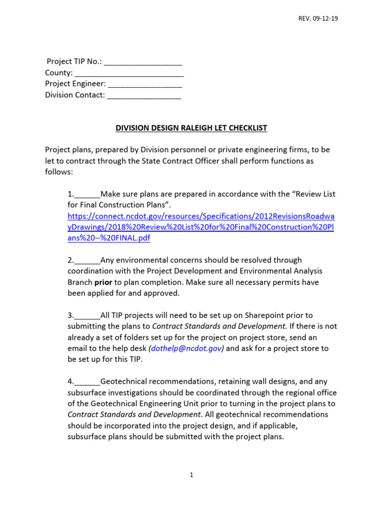 2018 Review list for Division Design Raleigh Let Plans | PDF