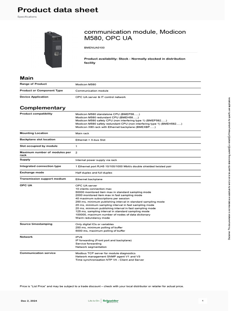 Schneider Electric Modicon M580 PAC Controller BMENUA0100 | PDF ...