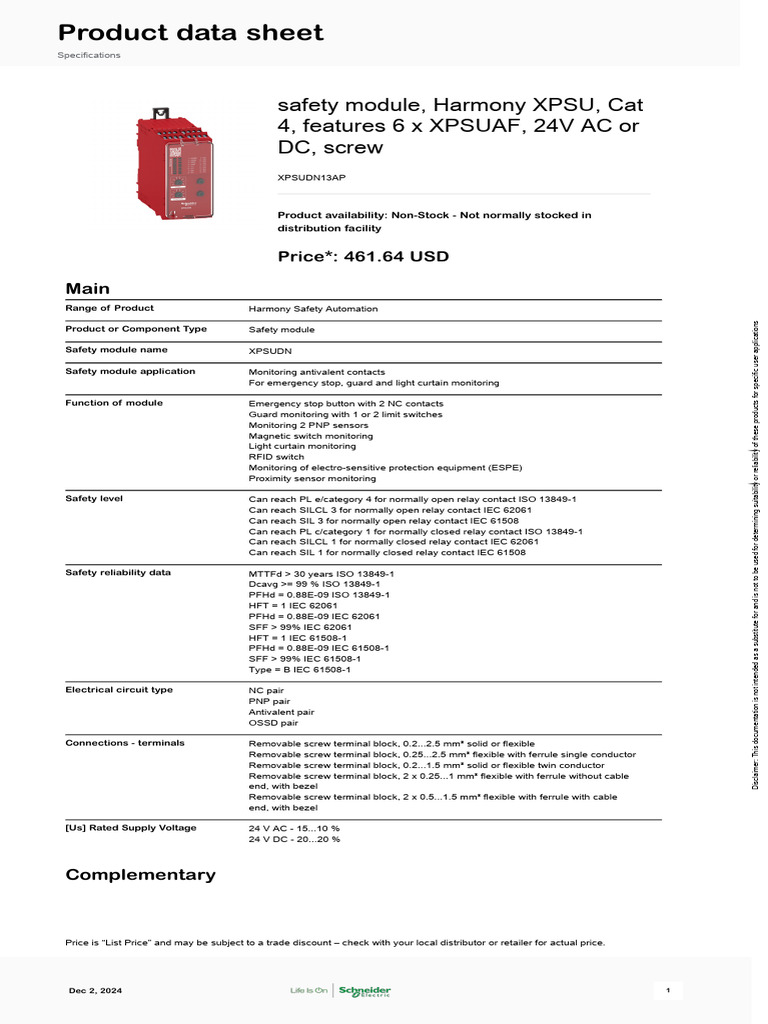 Schneider Electric Harmony XPS Safety Modules XPSUDN13AP | PDF | Relay ...