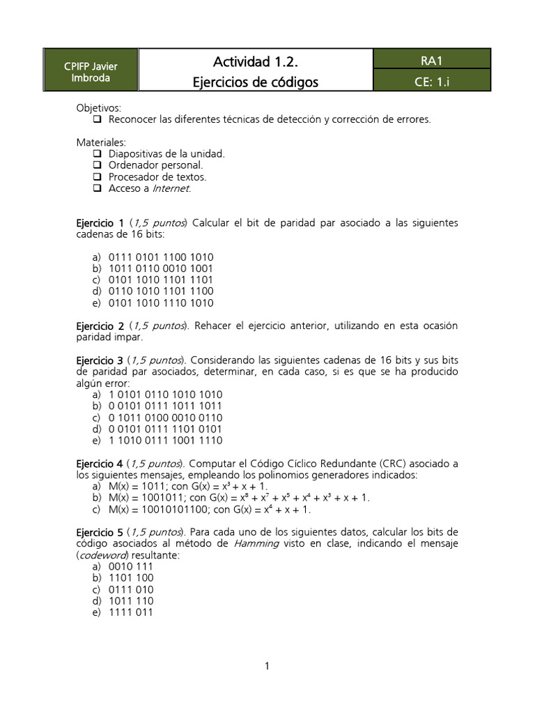 A1.2. Ejercicios de Códigos | PDF