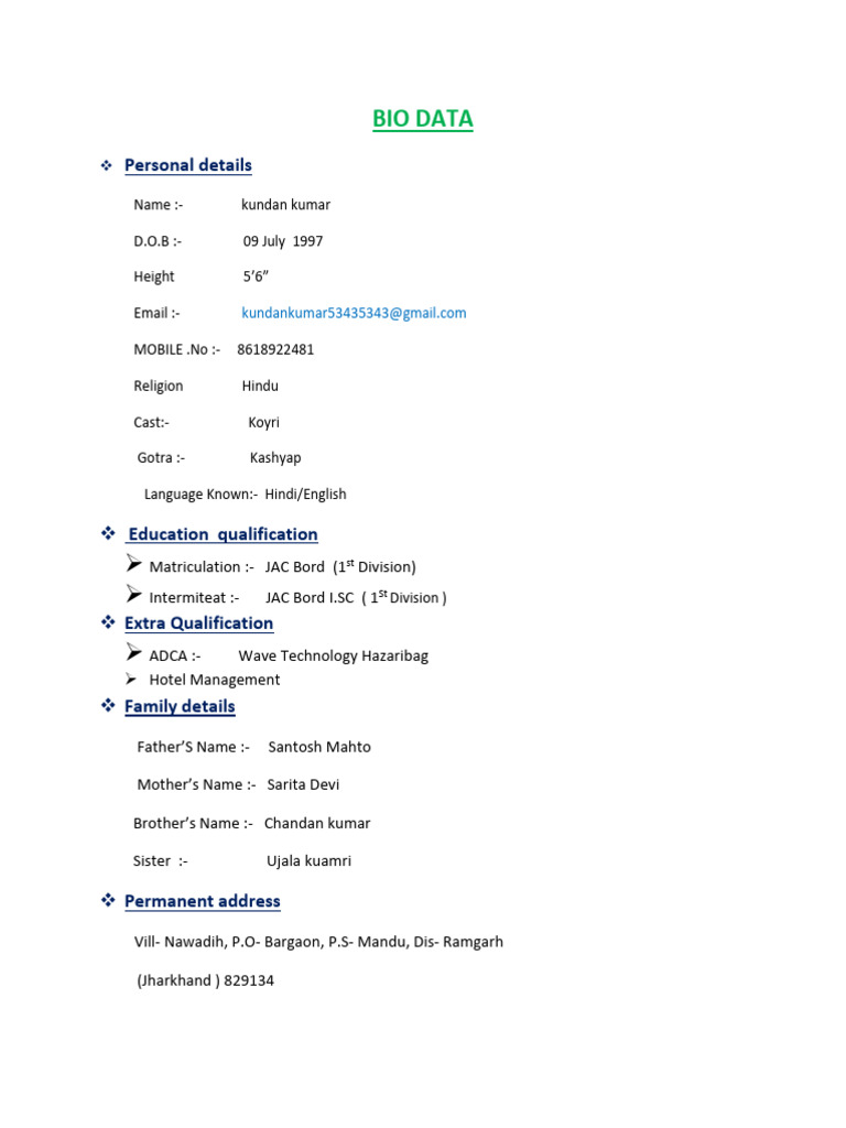 Kundan Kumar BIO DATA | PDF