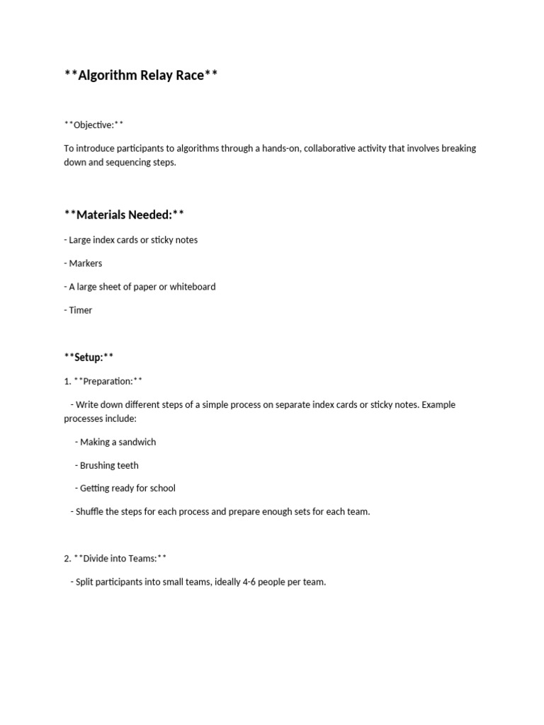 01 Ice Breaker Game - Algorithm Relay Race | PDF | Toothbrush | Algorithms