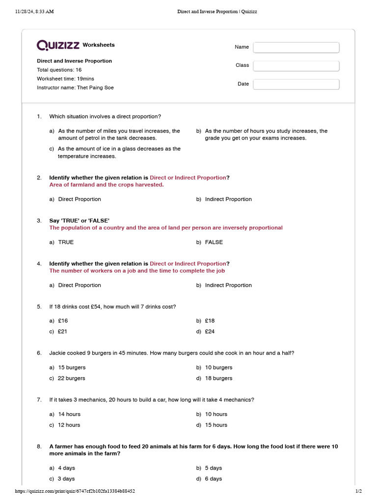 Direct Proportion Worksheet | PDF | Agriculture