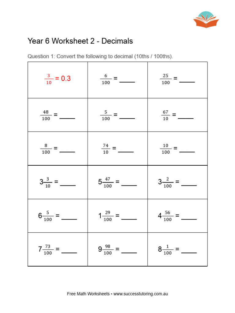 Year 6 Worksheet 2 Decimals | PDF