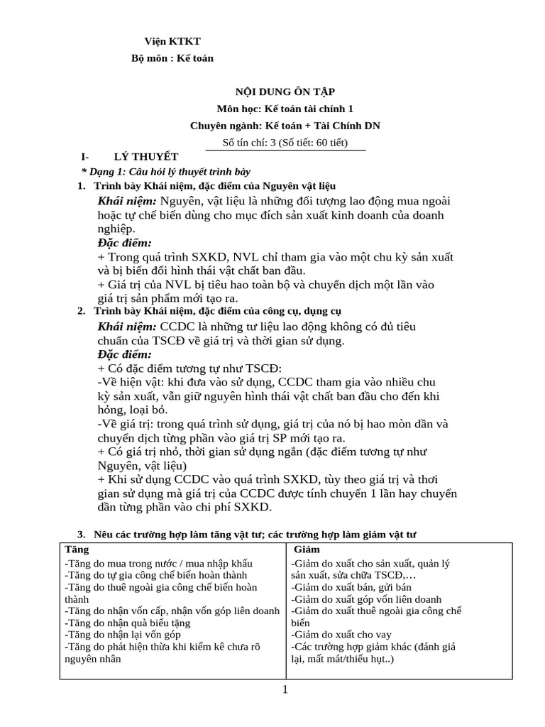 ĐỀ CƯƠNG ÔN TẬP KTTC 1- 2024- (3TC) - Ngành KT+ TC- Gửi GV | PDF