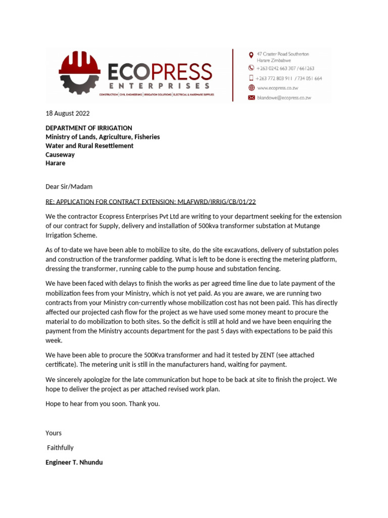 Contract Extension Letter Draft | PDF