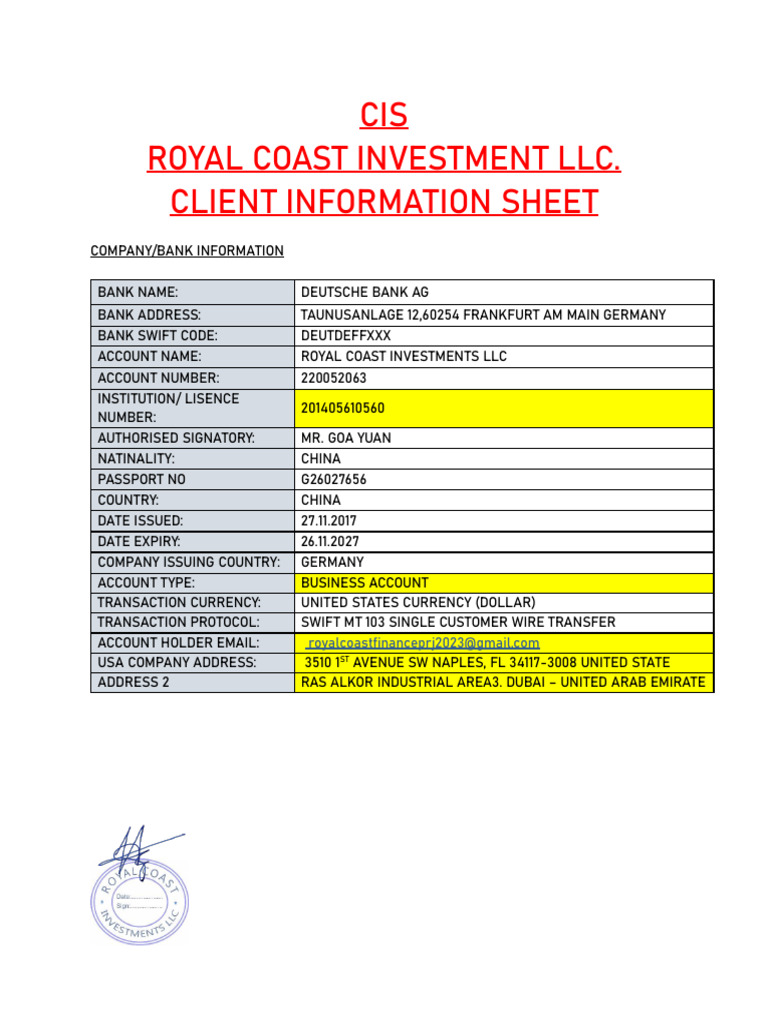 Cis Royal Coast Invesment Llc. Dubia and Usa - 121610 | PDF