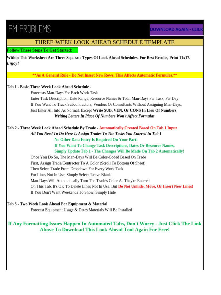 3 Week Look Ahead Schedule Excel Template REV 1 Example | PDF | Lumber