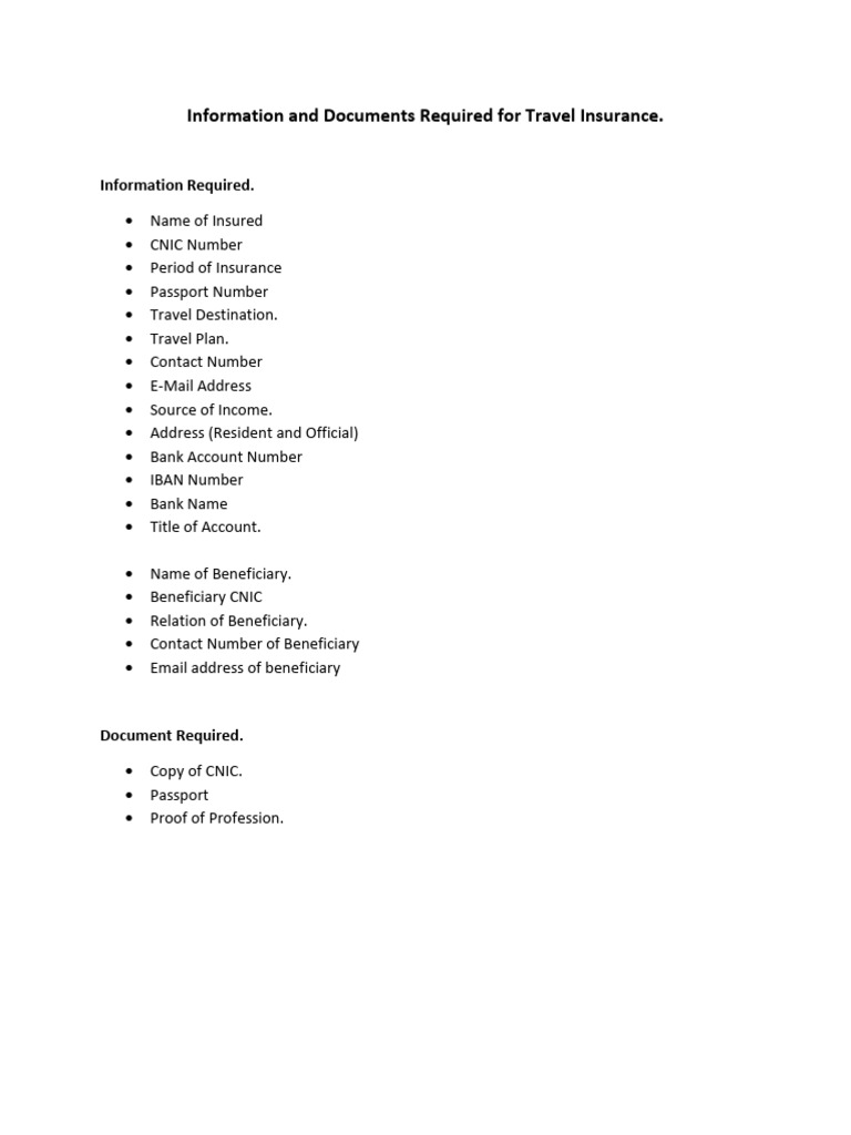 Checklist (Travel Insurance) | PDF