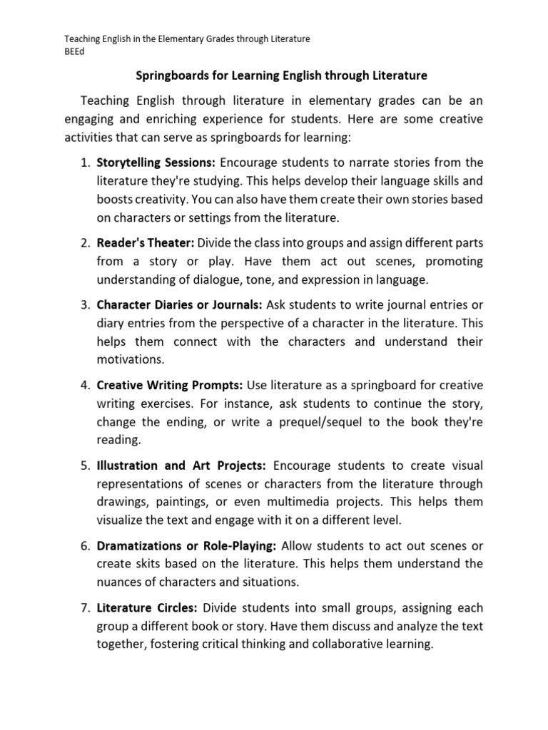 Springboards For Learning English Through Literature | PDF | Reading ...