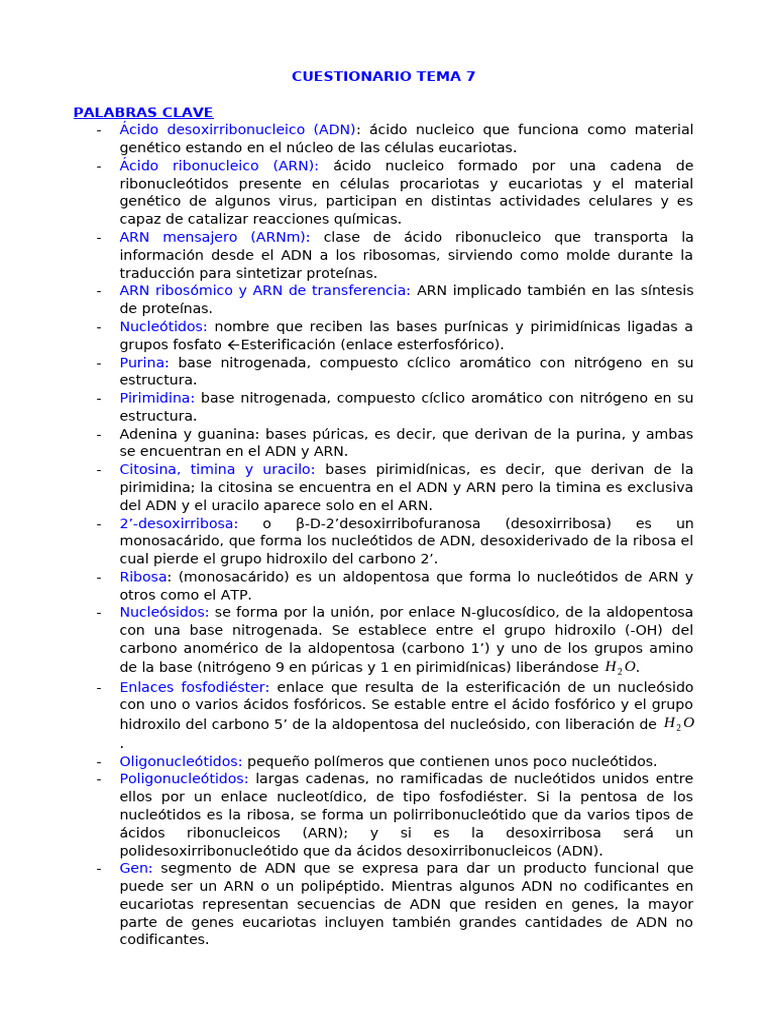 CUESTIONARIO TEMA 7 | PDF | Cromatina | Rna