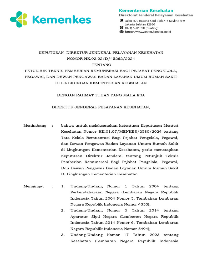 Kepdirjen Nomor HK-02-02-D-45262-2024 TTG Juknis Pemberian Remunerasi ...
