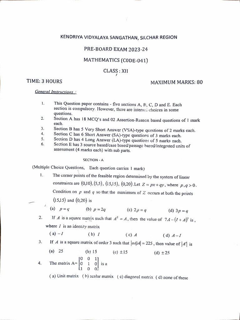 Preboard 1 Maths Class 12 | PDF | Cartesian Coordinate System | Matrix ...