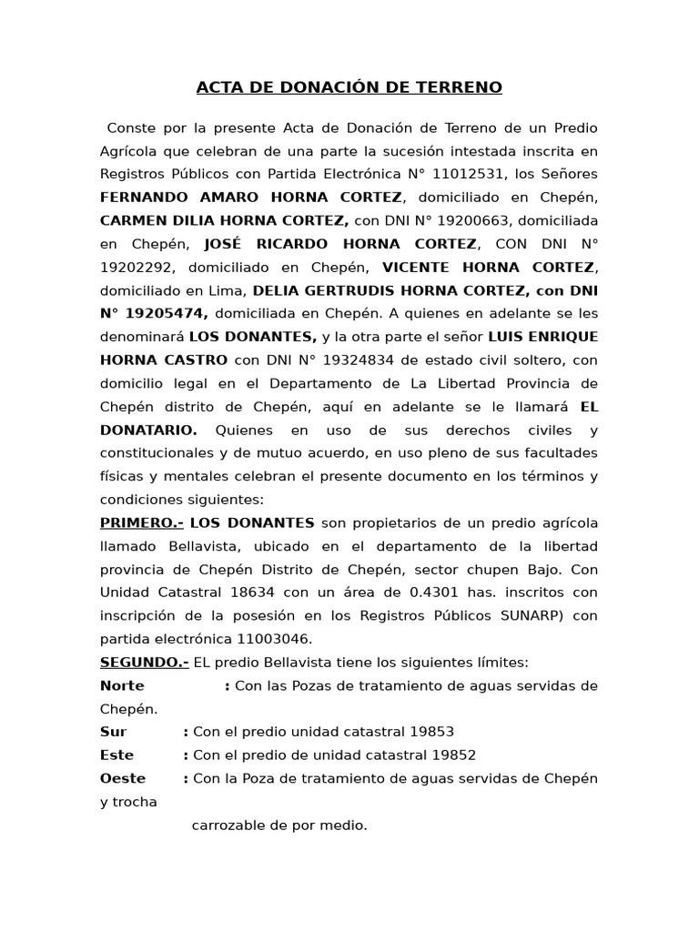 Acta de Donación de Terreno Bellavista | PDF | Donación