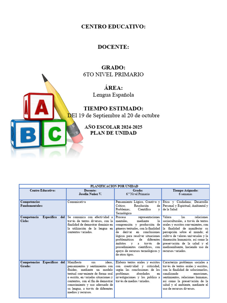 2-Plan 1ra Unidad 6to Grado (Len. Espñ).Docx | PDF | Evaluación | Concepto