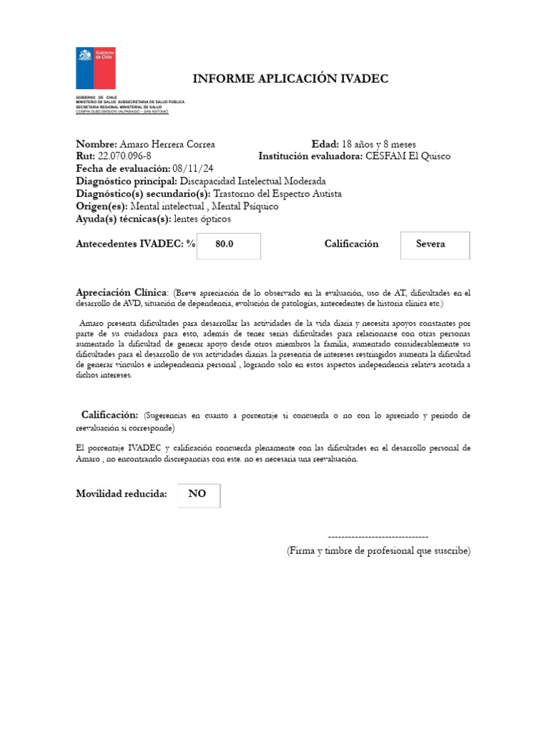 Formato Apreciacion Clinica IVADEC ECED SC VALPO | PDF